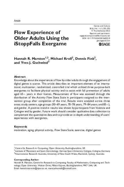 (PDF) Flow Experience of Older Adults Using the iStoppFalls Exergame