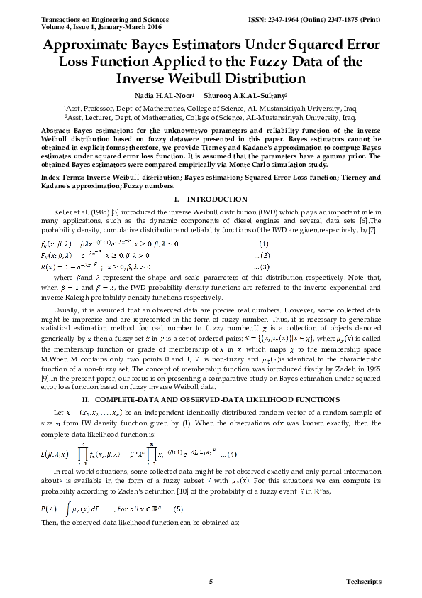Pdf Approximate Bayes Estimators Under Squared Error Loss Function Applied To The Fuzzy Data