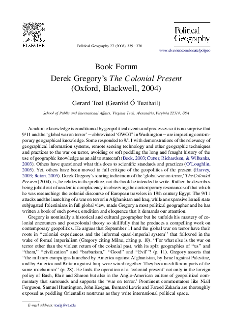 (PDF) Derek Gregory's The Colonial Present (Oxford, Blackwell, 2004)