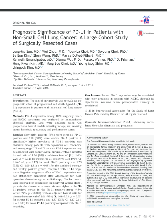 (PDF) Prognostic Significance of PD-L1 in Patients with Non–Small Cell Lung Cancer: A Large ...