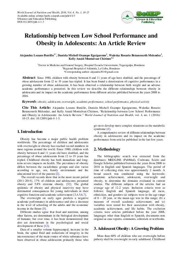 (PDF) Relationship between Low School Performance and Obesity in ...