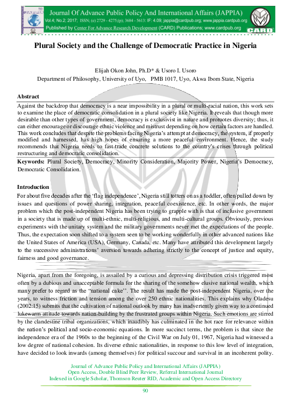 (PDF) Plural Society and the Challenge of Democratic Practice in Nigeria