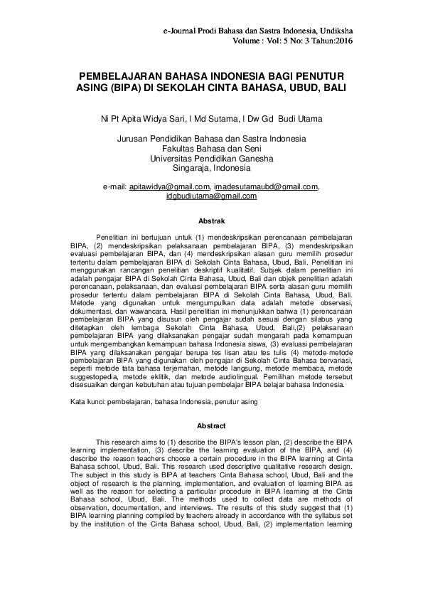 (PDF) PEMBELAJARAN BAHASA INDONESIA BAGI PENUTUR ASING (BIPA) DI SEKOLAH CINTA BAHASA, UBUD, BALI