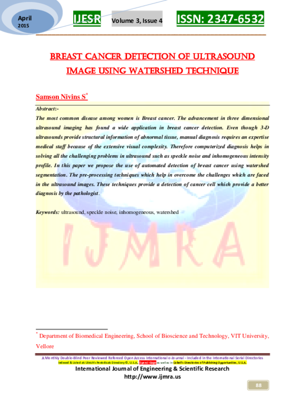 Pdf Breast Cancer Detection Of Ultrasound Image Using Watershed Technique