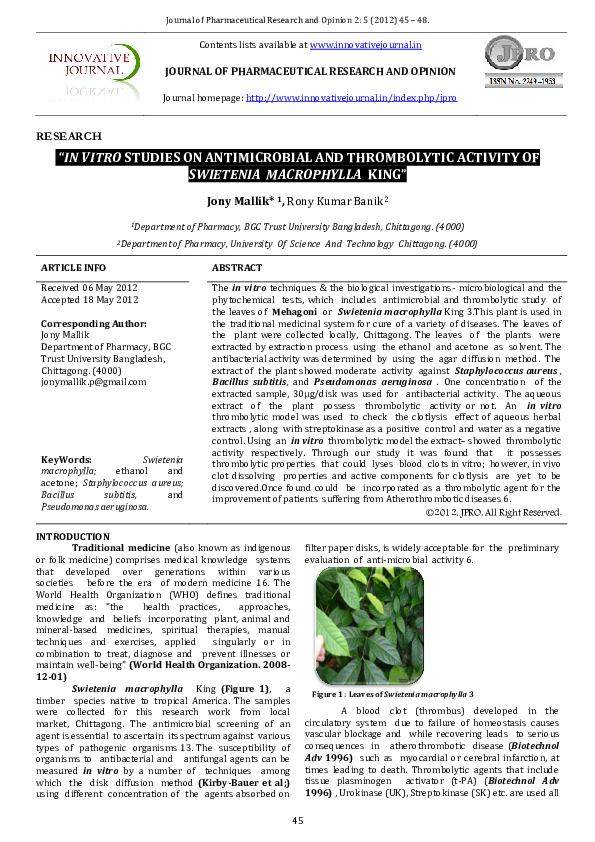 (PDF) “IN VITRO STUDIES ON ANTIMICROBIAL AND THROMBOLYTIC ACTIVITY OF SWIETENIA MACROPHYLLA KING