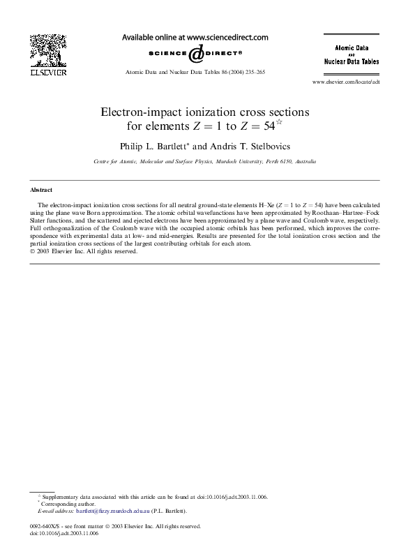Pdf Electron Impact Ionization Cross Sections For Elements Z 1 To Z