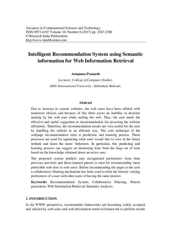 Pdf Intelligent Recommendation System Using Semantic Information For Web Information Retrieval