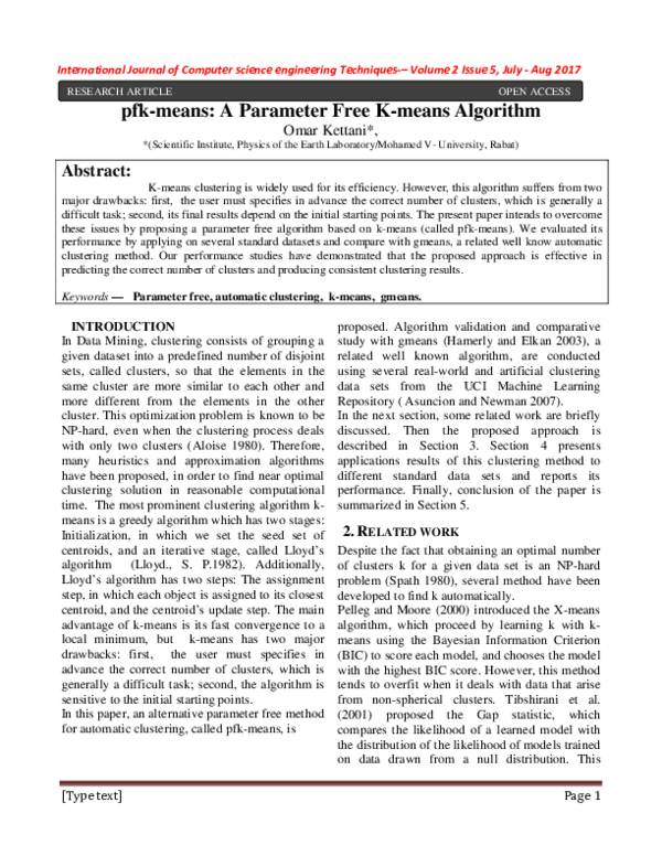 (PDF) pfk-means: A Parameter Free K-means Algorithm