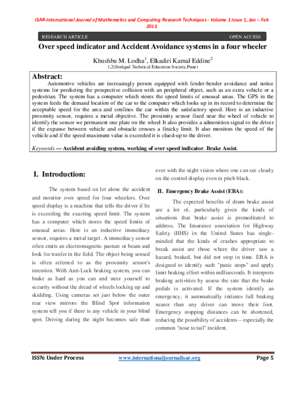 (PDF) Over speed indicator and Accident Avoidance systems in a four wheeler