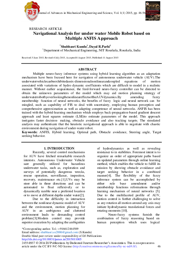 (PDF) Navigational Analysis for under water Mobile Robot based on Multiple ANFIS Approach