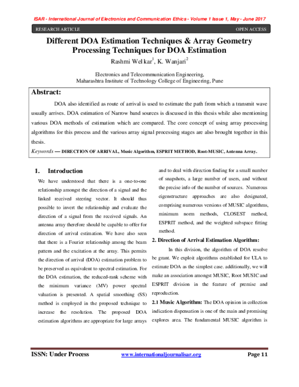 Pdf Different Doa Estimation Techniques And Array Geometry Processing Techniques For Doa Estimation