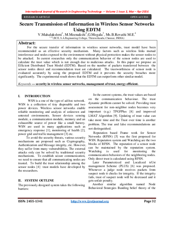 (PDF) Secure Transmission of Information in Wireless Sensor Networks Using EDTM
