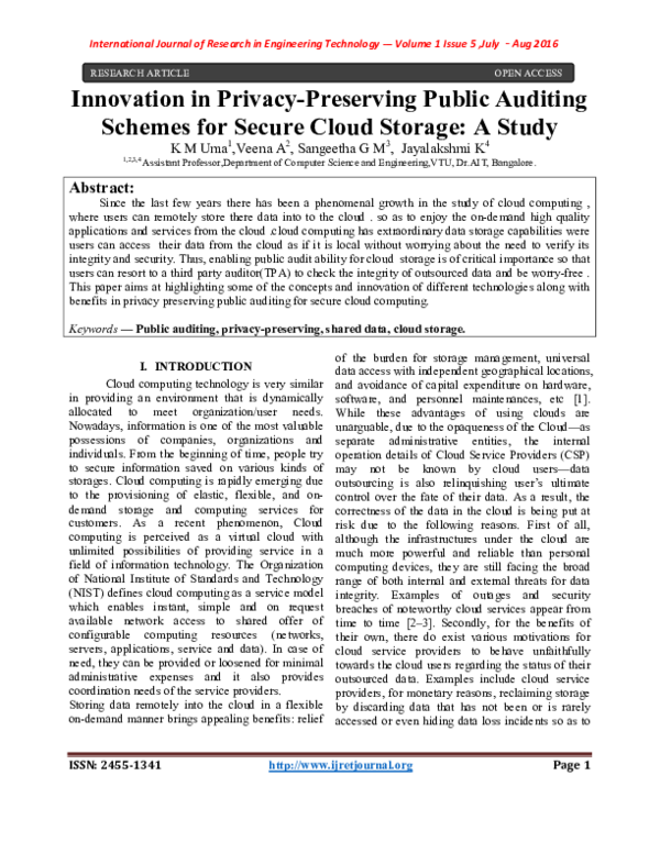 (PDF) Innovation in Privacy-Preserving Public Auditing Schemes for Secure Cloud Storage: A Study