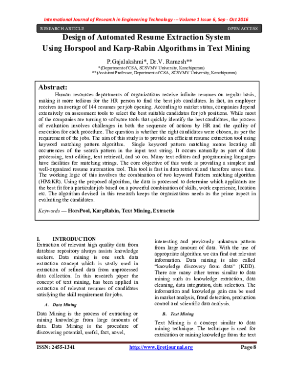 Pdf Design Of Automated Resume Extraction System Using Horspool And Karp Rabin Algorithms In 