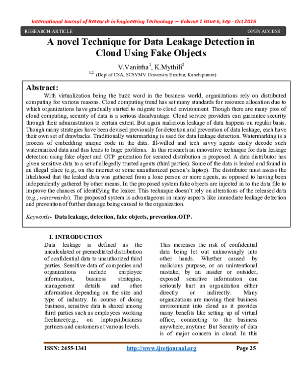 (PDF) A novel Technique for Data Leakage Detection in Cloud Using Fake Objects