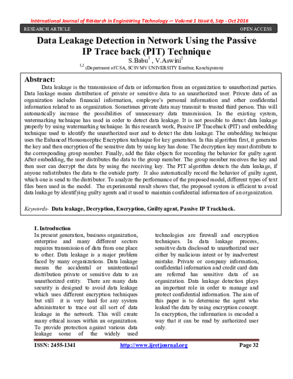 (PDF) Data Leakage Detection in Network Using the Passive IP Trace back (PIT) Technique