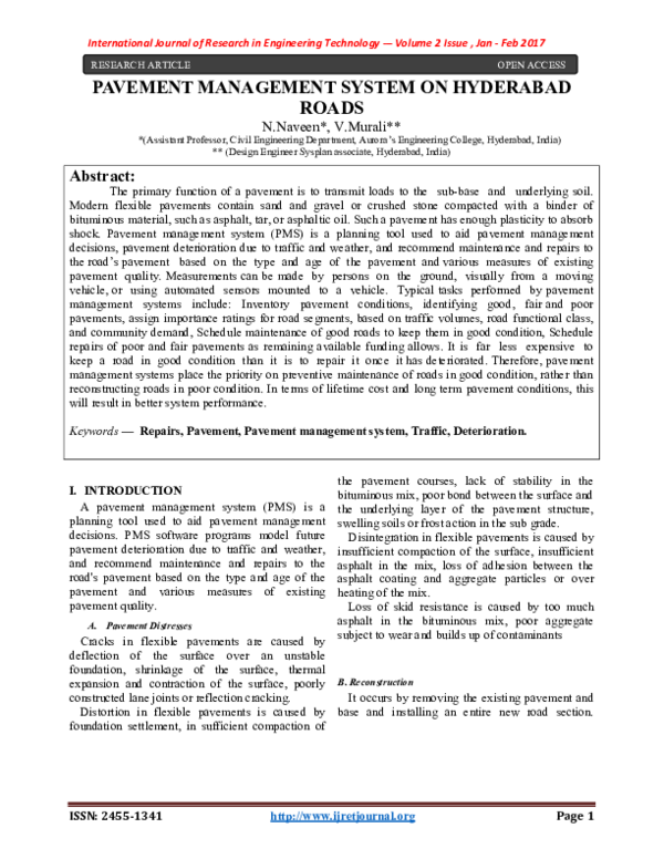 (PDF) PAVEMENT MANAGEMENT SYSTEM ON HYDERABAD ROADS