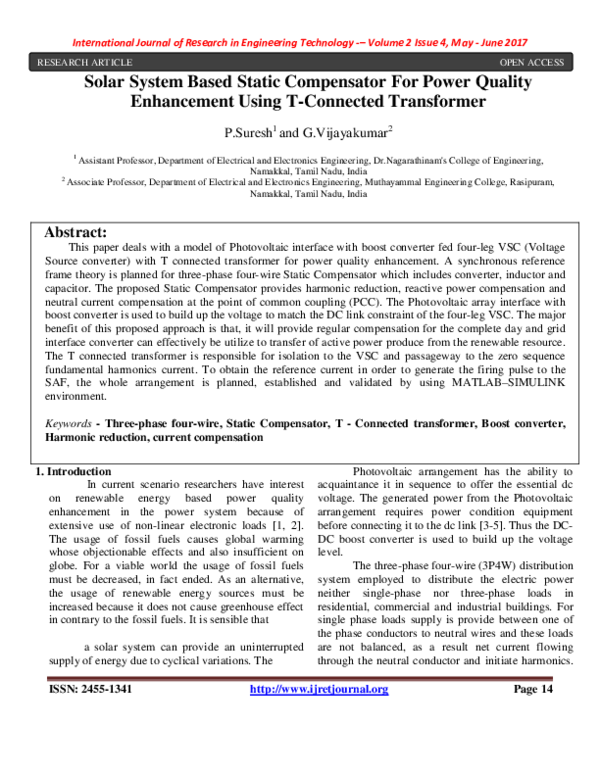 (PDF) Solar System Based Static Compensator For Power Quality Enhancement Using T-Connected ...