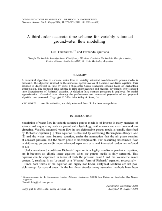 Pdf A Third Order Accurate Time Scheme For Variably Saturated Groundwater Flow Modelling