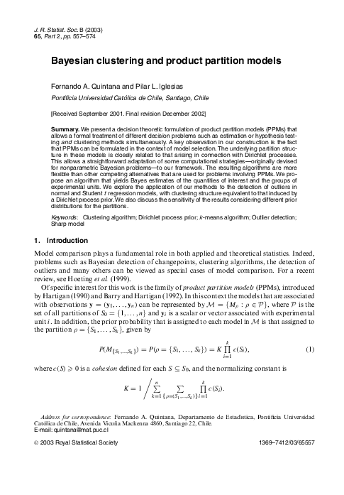 Pdf Bayesian Clustering And Product Partition Models