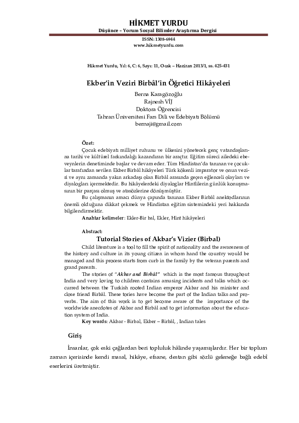 (PDF) EKBER'İN VEZİRİ BİRBÂL'İN ÖĞRETİCİ HİKÂYELERİ TUTORIAL STORIES OF AKBAR’S VIZIER BIRBAL