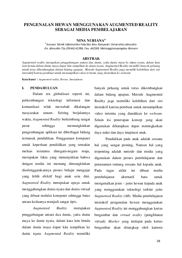 (PDF) PENGENALAN HEWAN MENGGUNAKAN AUGMENTED REALITY SEBAGAI MEDIA PEMBELAJARAN