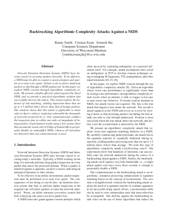 Pdf Backtracking Algorithmic Complexity Attacks Against A Nids