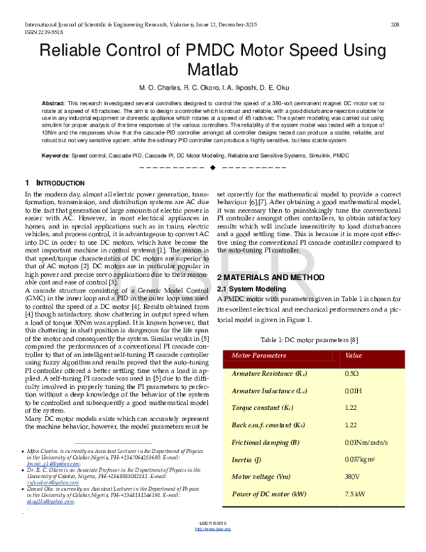 (PDF) Reliable Control of PMDC Motor Speed Using Matlab