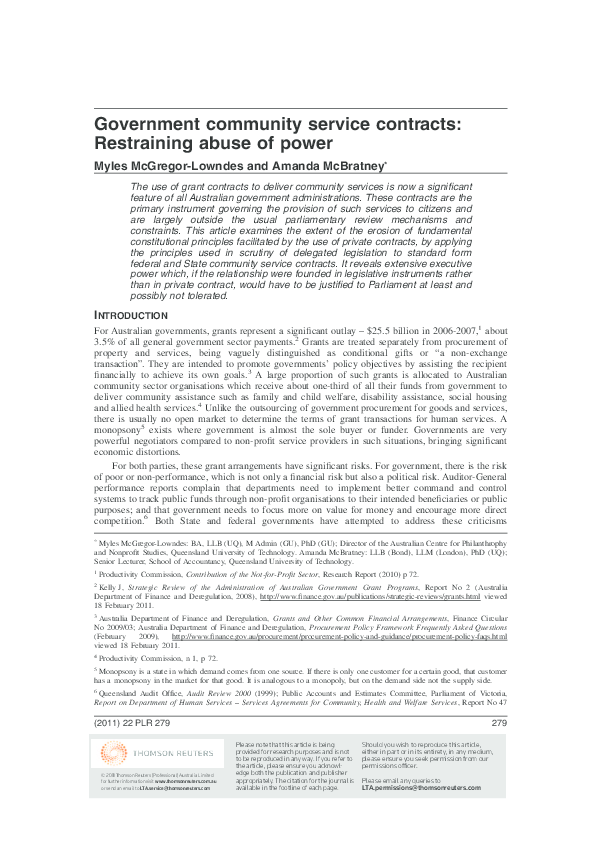 (PDF) Government community service contracts: Restraining abuse of power