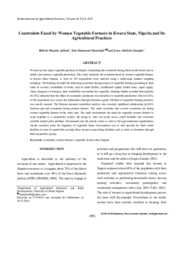 (PDF) Constraints Faced by Women Vegetable Farmers in Kwara State, Nigeria and Its Agricultural ...