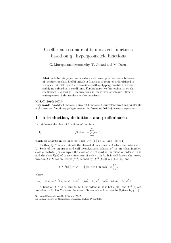 Pdf Coefficient Estimate Of Bi Univalent Functions Based On Q−hypergeometric Functions