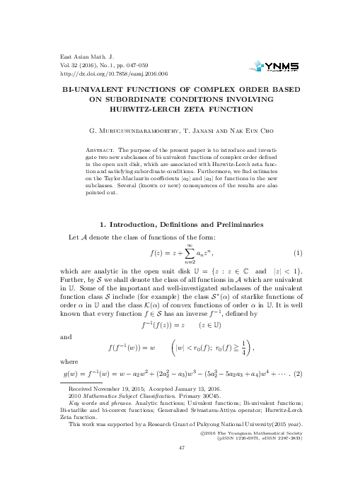 Pdf Bi Univalent Functions Of Complex Order Based On Subordinate Conditions Involving Hurwitz