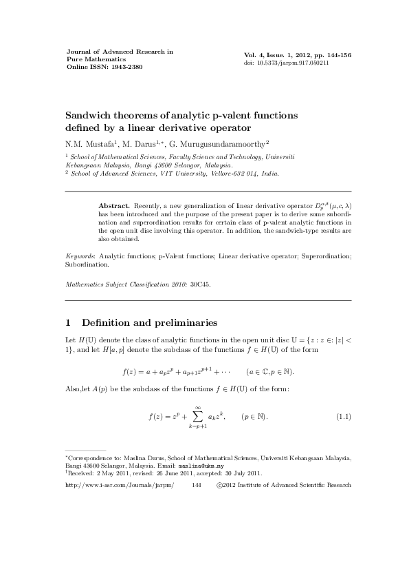Pdf Sandwich Theorems Of Analytic P Valent Functions Defined By A Linear Derivative Operator
