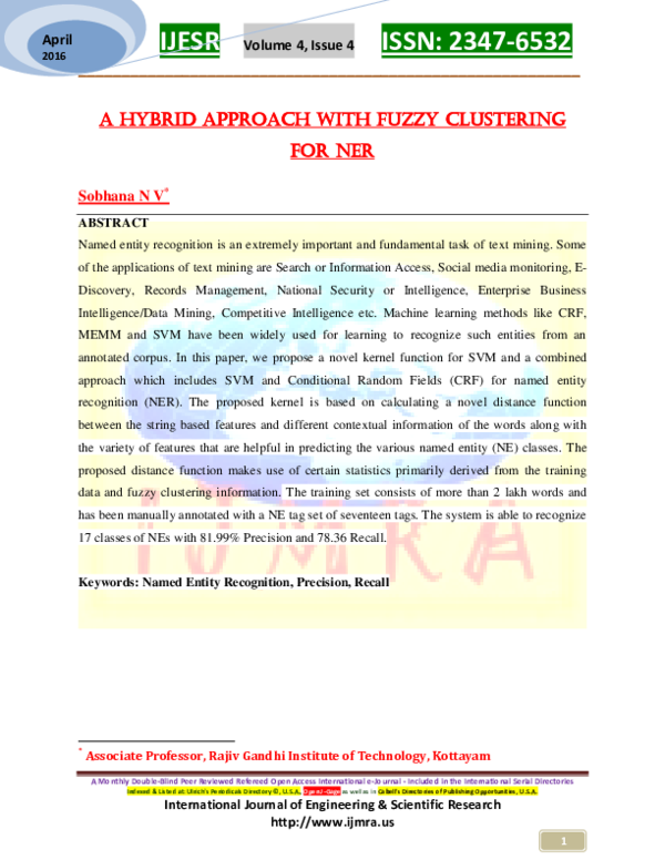 (PDF) A hybrid approach with Fuzzy Clustering for NER