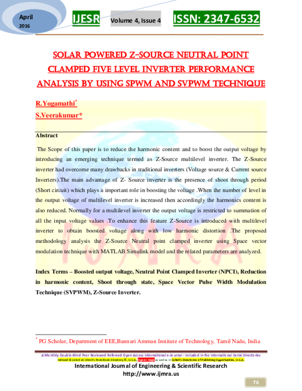 Pdf Solar Powered Z Source Neutral Point Clamped Five Level Inverter Performance Analysis By