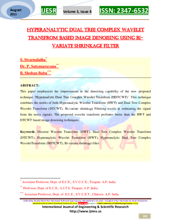 (PDF) HYPERANALYTIC DUAL TREE COMPLEX WAVELET TRANSFROM BASED IMAGE DENOISING USING BI- VARIATE ...