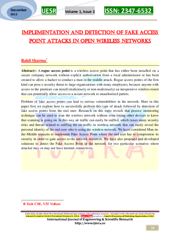 Pdf Rogue Access Point Detection In Wlan By Analyzing Network Traffic