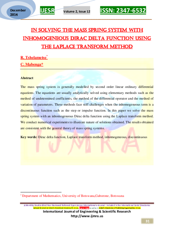 Pdf In Solving The Mass Spring System With Inhomogeneous Dirac Delta Function Using The
