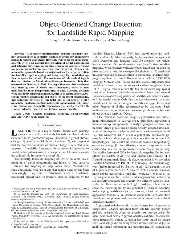 (PDF) Object-Oriented Change Detection for Landslide Rapid Mapping