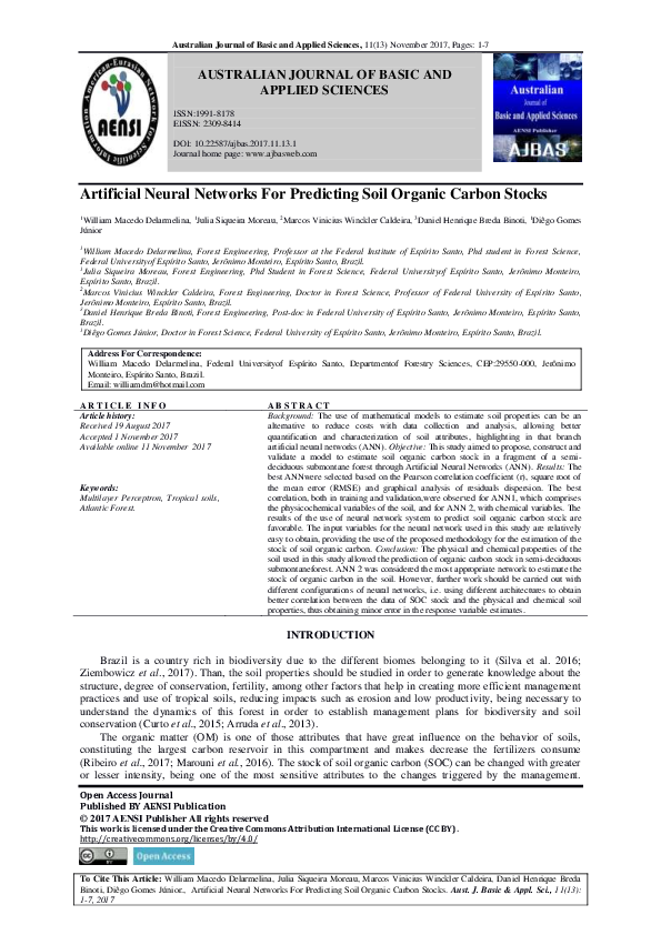 (PDF) Artificial Neural Networks For Predicting Soil Organic Carbon Stocks