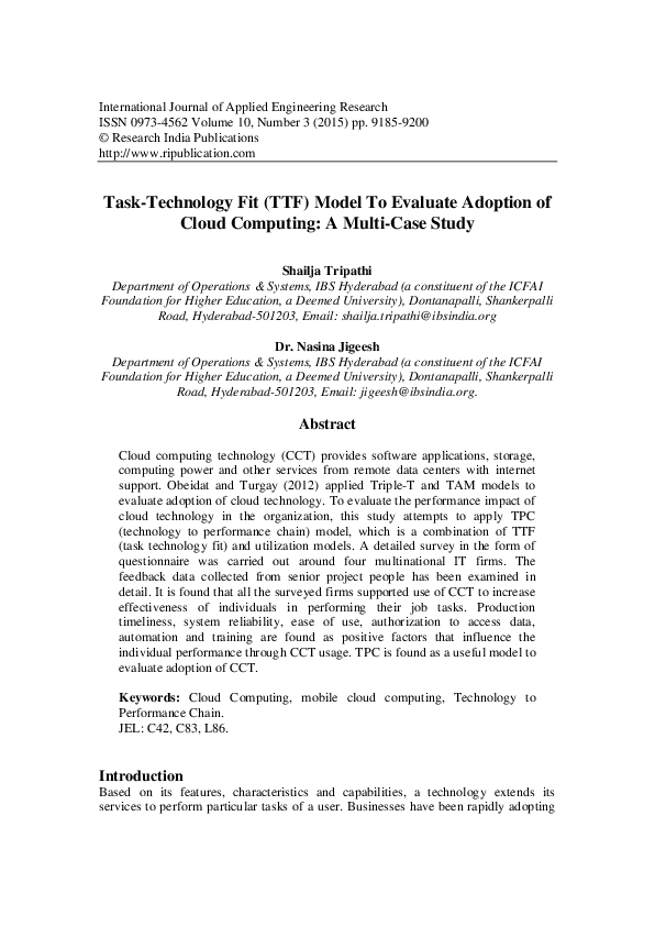 (PDF) Task-Technology Fit (TTF) Model To Evaluate Adoption of Cloud ...