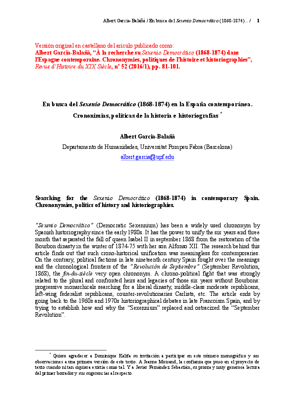 (PDF) En busca del 'Sexenio Democrático' (1868-1874) en la España contemporánea. Crononimias ...