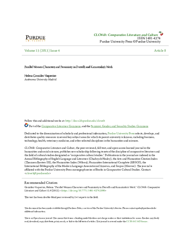 (PDF) «Parallel Women Characters and Femininity in Durrell's and ...