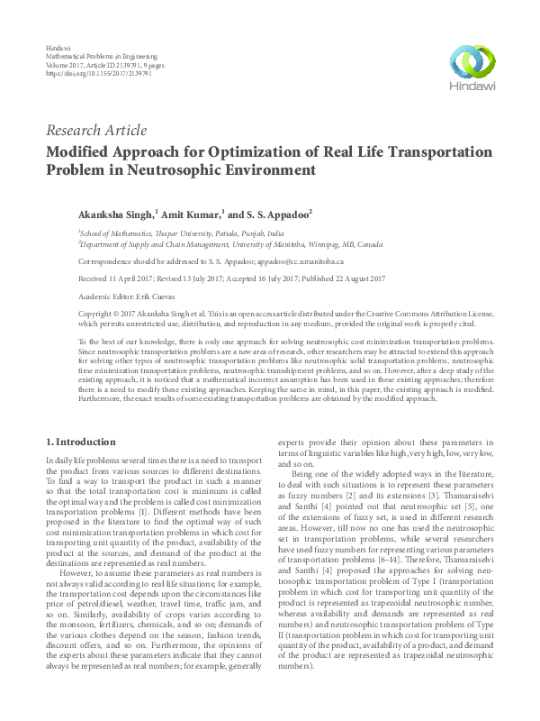 Pdf Modified Approach For Optimization Of Real Life Transportation Problem In Neutrosophic 