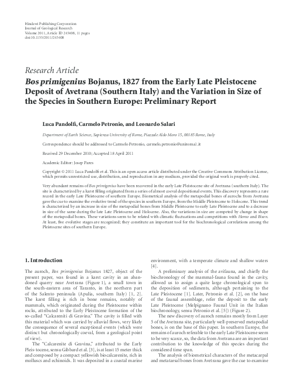 (PDF) Bos primigenius Bojanus, 1827 from the Early Late Pleistocene ...
