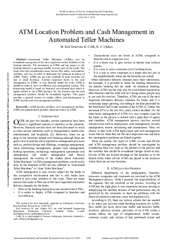 (PDF) ATM Location Problem and Cash Management in Automated Teller Machines