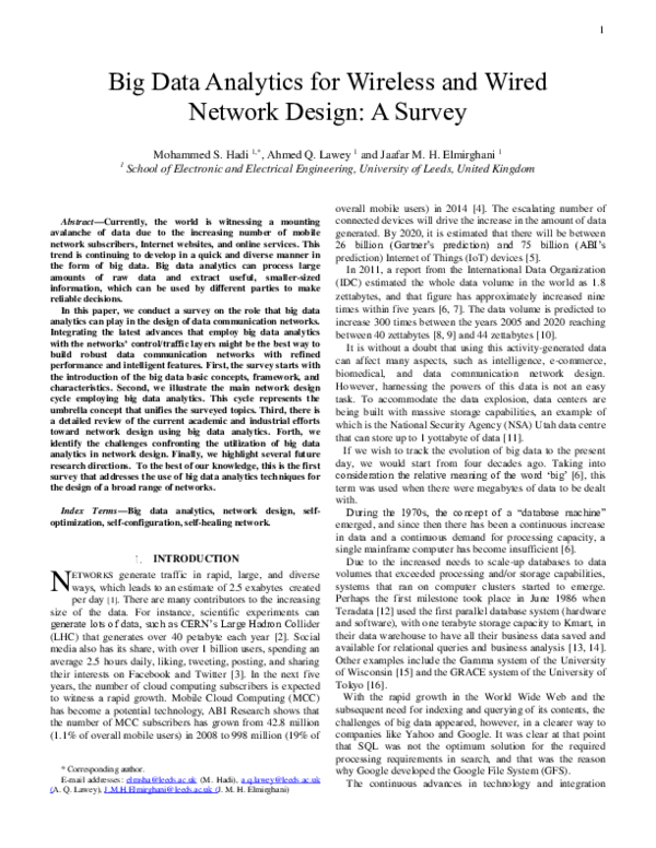 (PDF) Big Data Analytics for wireless and wired network design A Survey