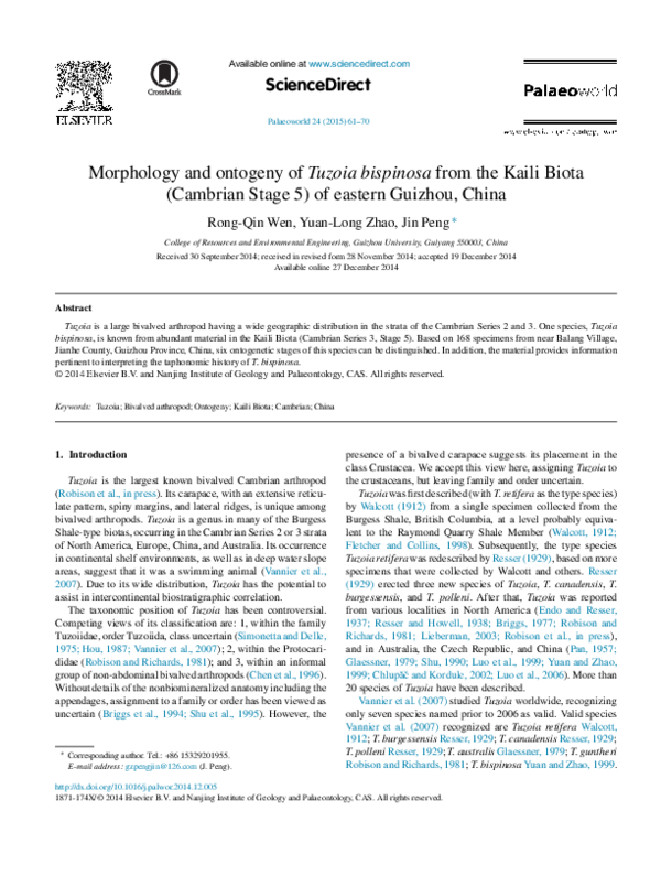 (PDF) Morphology and ontogeny of Tuzoia bispinosa from the Kaili Biota ...