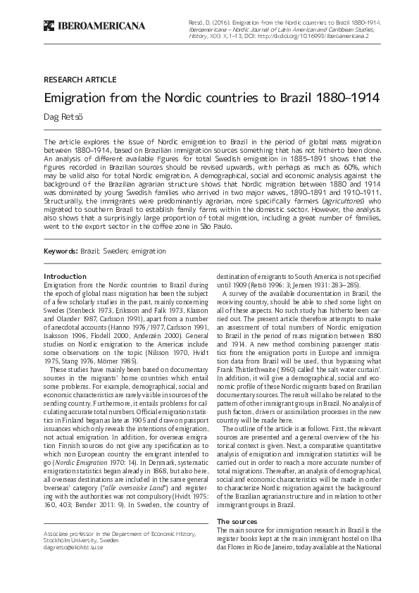 (PDF) Emigration from the Nordic countries to Brazil 1880–1914