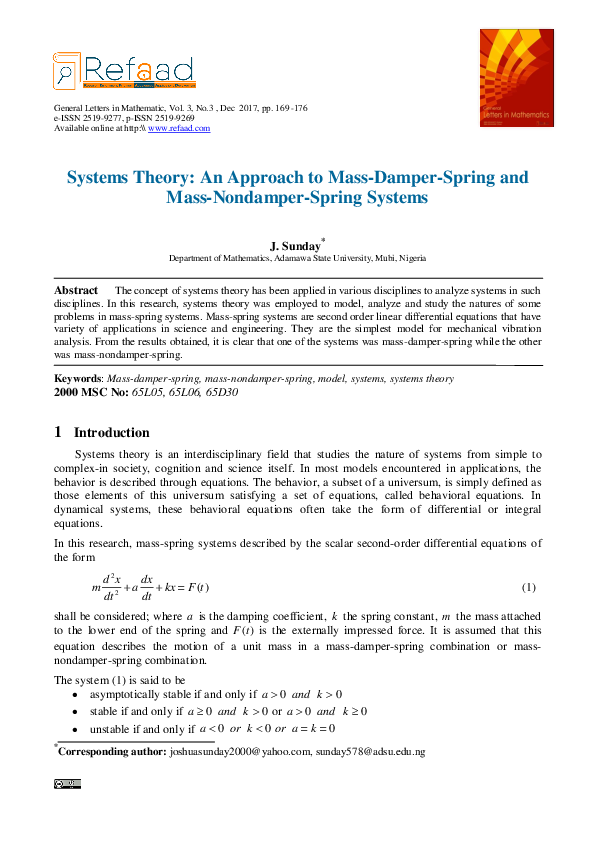 (PDF) Systems Theory: An Approach to Mass-Damper-Spring and Mass ...